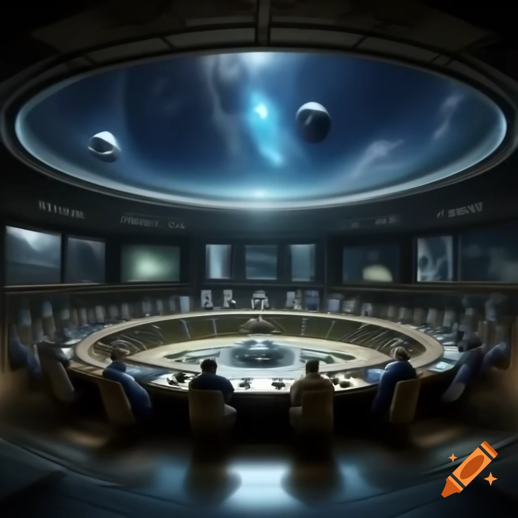 Futuristic galactic council chamber with diverse alien species and ...