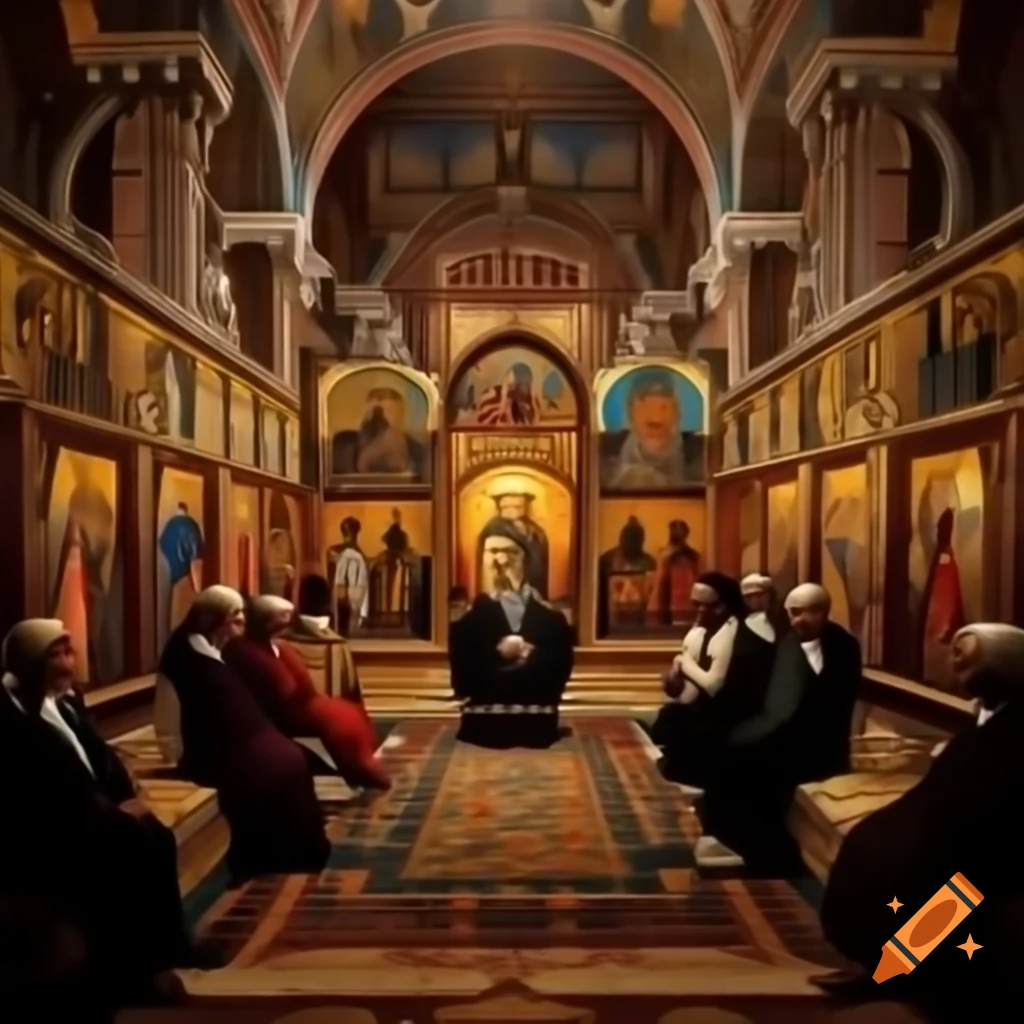 Council of wise men debating in ornate Byzantine Empire halls on Craiyon