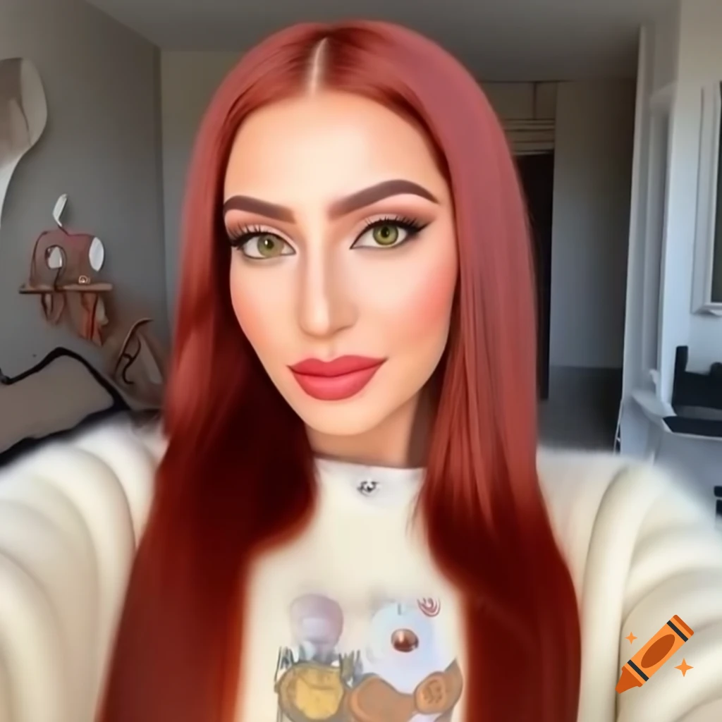 Close-up selfie of Iranian woman with long dark red hair showcasing ...