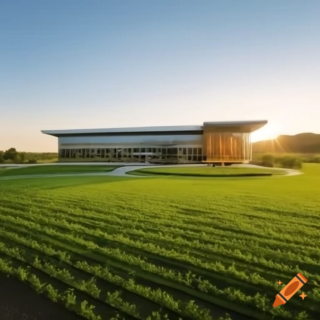 Modern agricultural office building with harvest bounty sign in fields ...