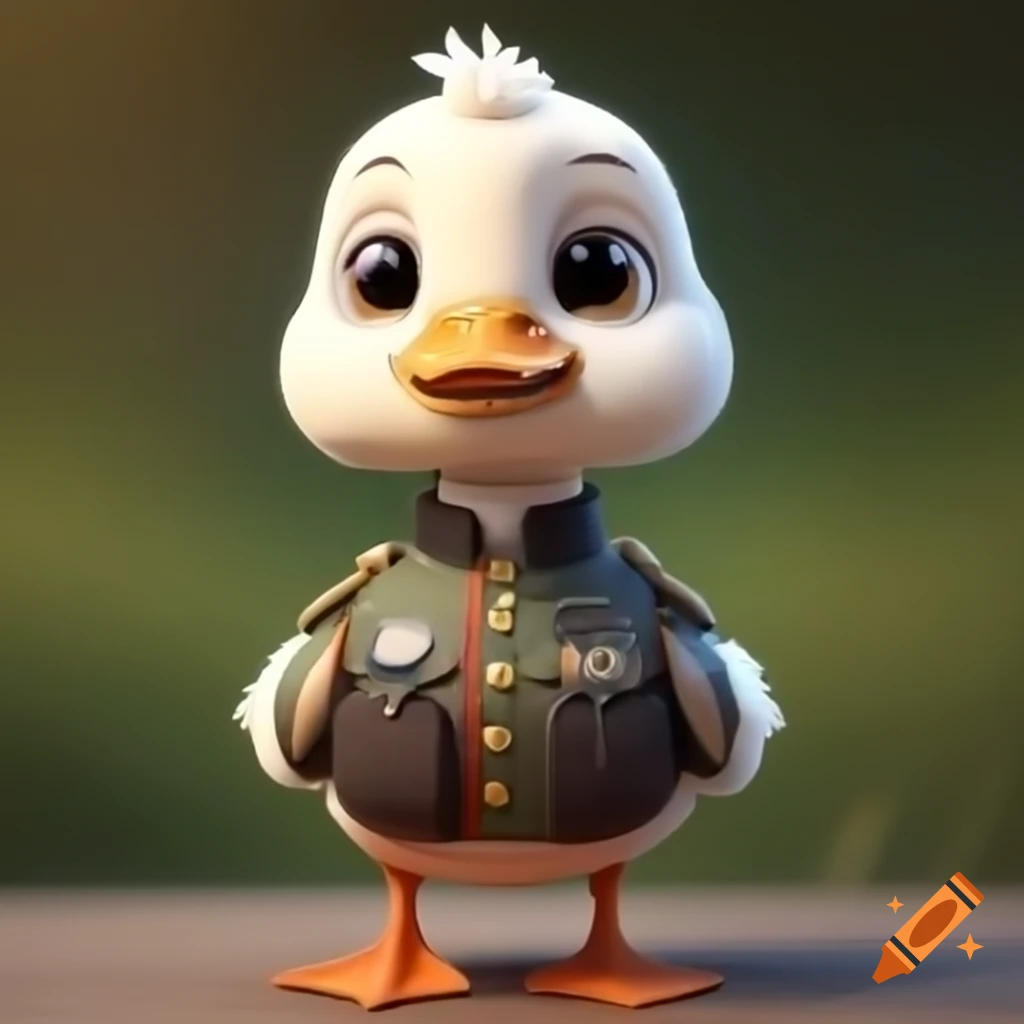 Cute cartoon duck in OCP army combat uniform with short brown haircut ...