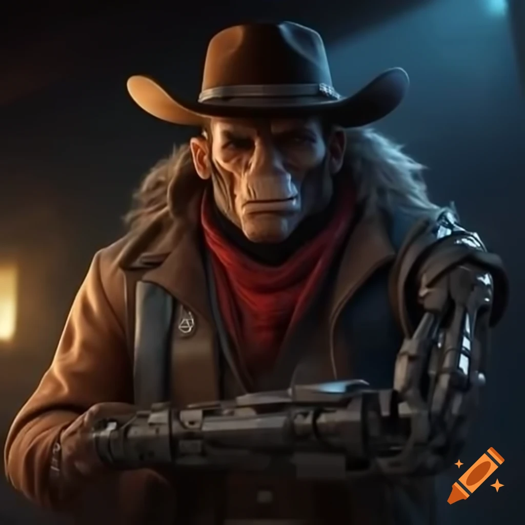 Steampunk cowboy featuring a robotic arm on Craiyon