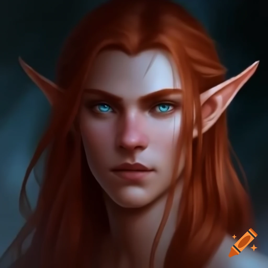 Elf with reddish brown hair and blue eyes, showcasing a pale face and ...