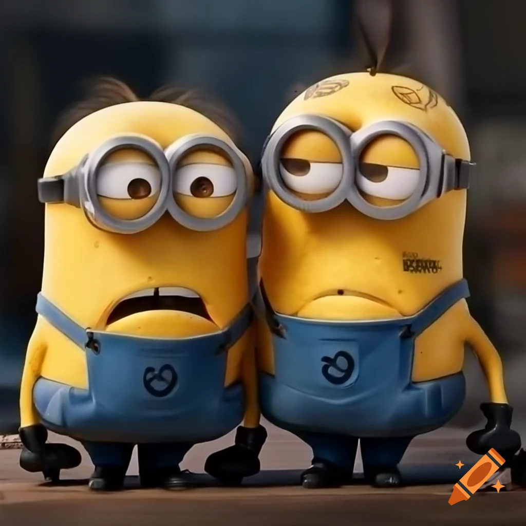 Two weary minions holding each other with soldering iron and heat gun ...