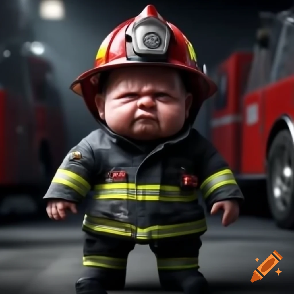 Chubby angry baby dressed in firefighter gear standing on Craiyon