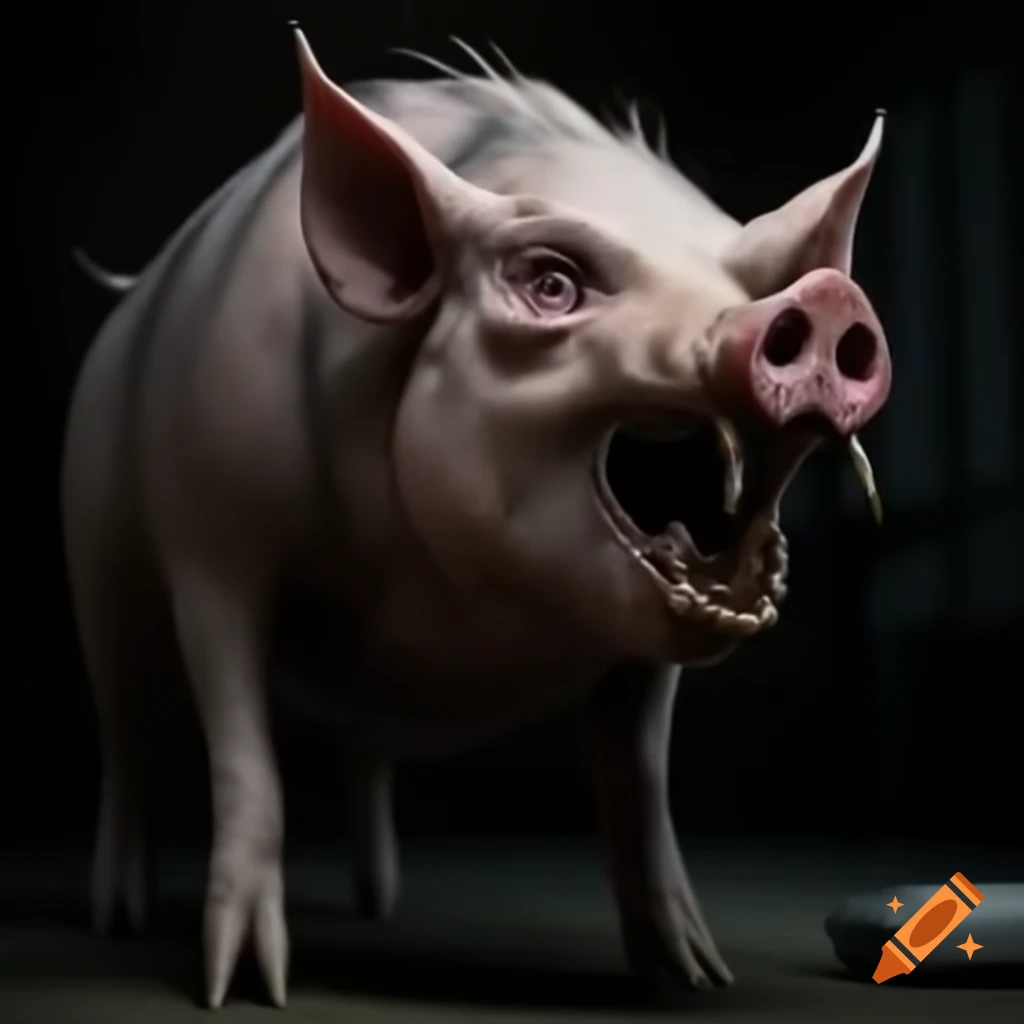 Evil pig with rat face and fangs in dark room, horror video game ...