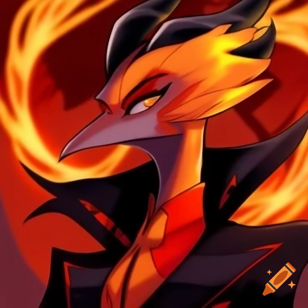 Fiery phoenix demon in black suit with orange trim and light blue eyes ...