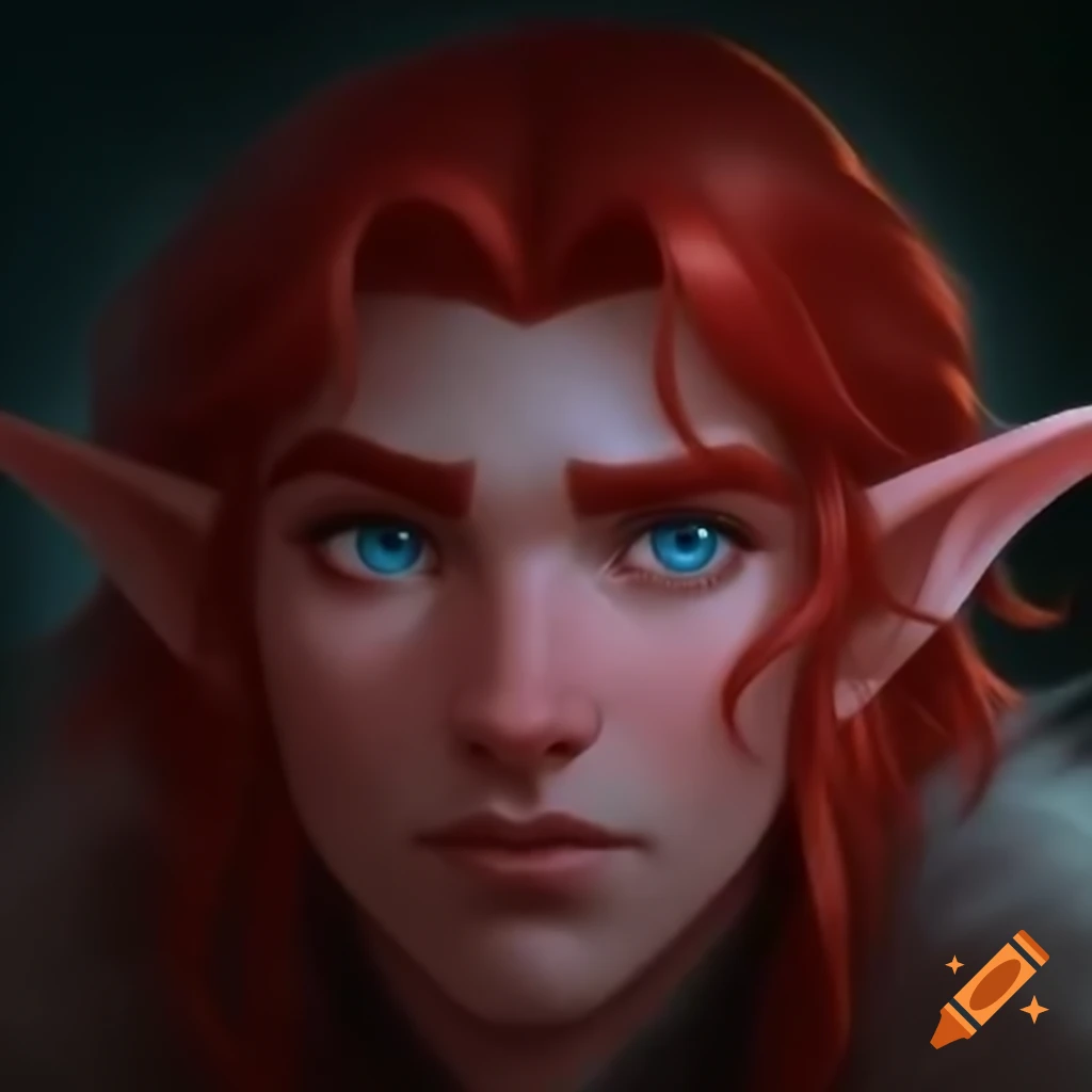 Captivating male elf with red hair and blue eyes, exuding adventure on ...