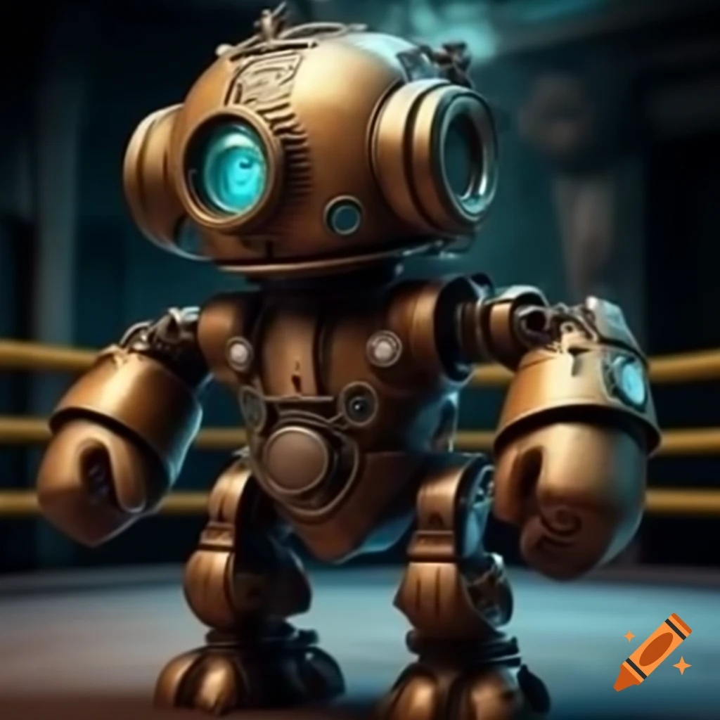 Steampunk robot with boxing gloves and mechanical arms poised for ...