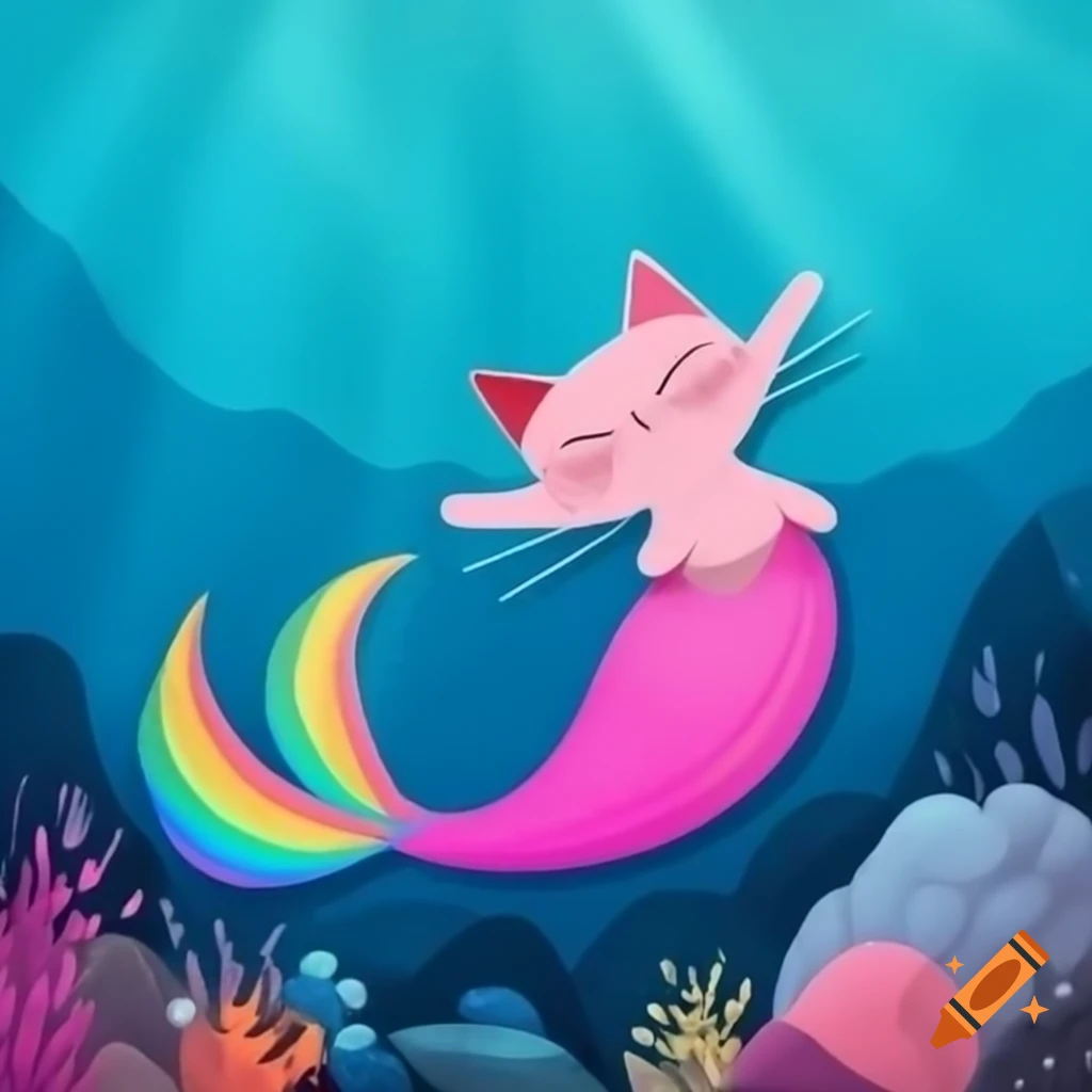 Pink cat swimming in coral reef with rainbow mermaid tail on Craiyon
