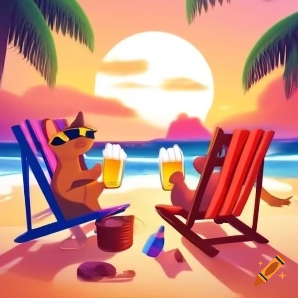 Cat and dog relaxing at tropical beach during sunset, enjoying cold ...