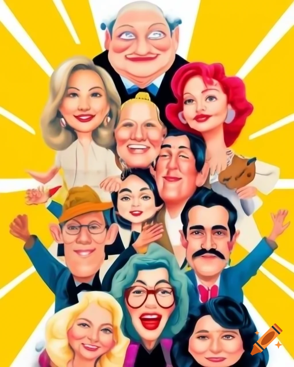Colorful caricature of diverse group of celebrities with exaggerated ...