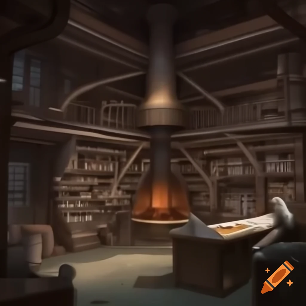 Interior of a large fantasy shop with a forge, shelves, and mezzanine ...