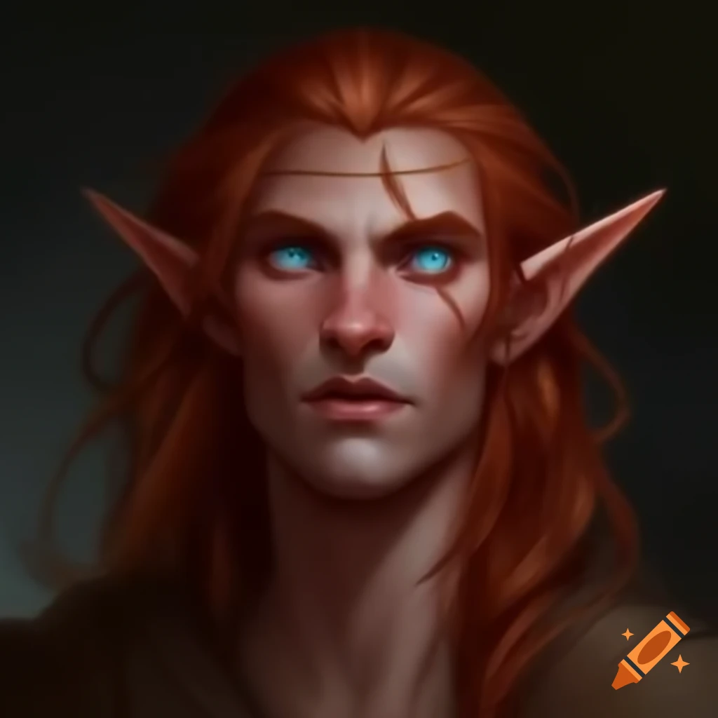 Striking elf with reddish-brown hair and intense blue gaze on Craiyon