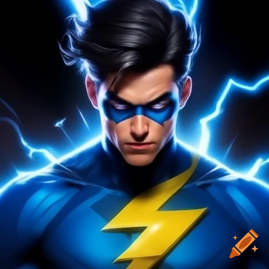 Dynamic male superhero in blue costume with yellow lightning bolt ...