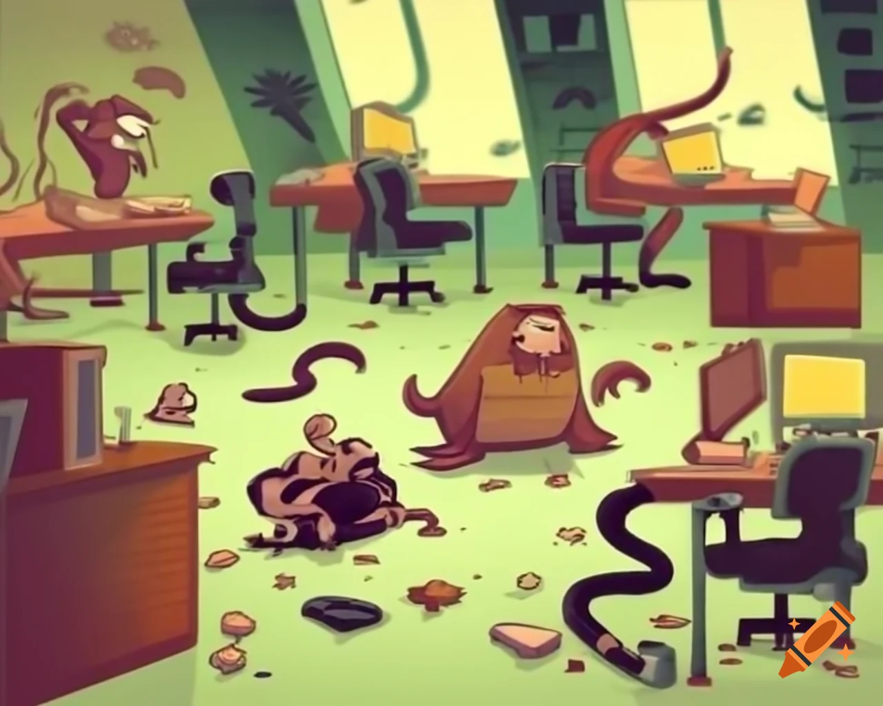Cartoon scene of a monkey and snakes causing chaos in an office on Craiyon
