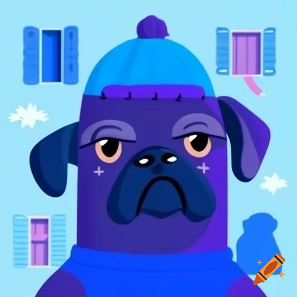 Cartoon blue pug with propeller cap and purple gorilla in beanie and ...