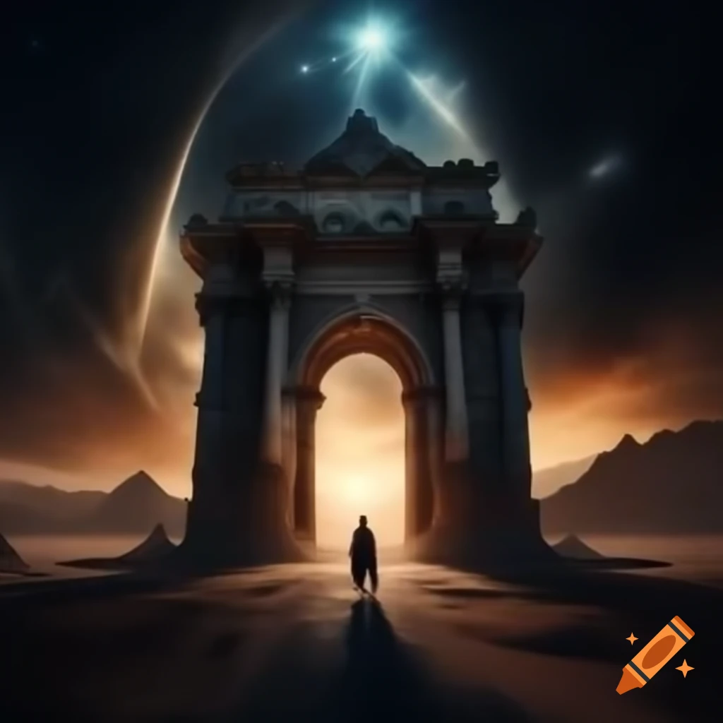 Ornate celestial gateway silhouetted against barren landscape, revealing ethereal paradise on ...