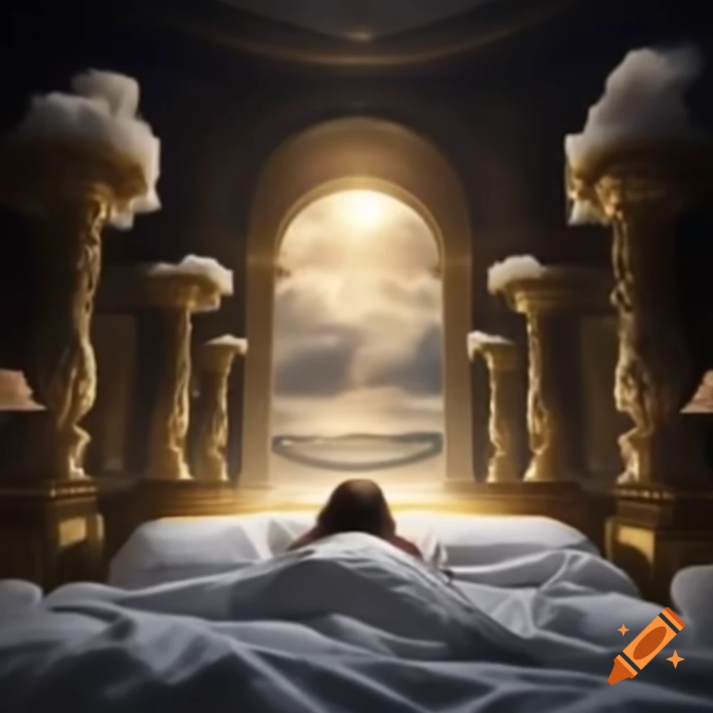 First-person cinematic scene of waking up in a heavenly setting with ...