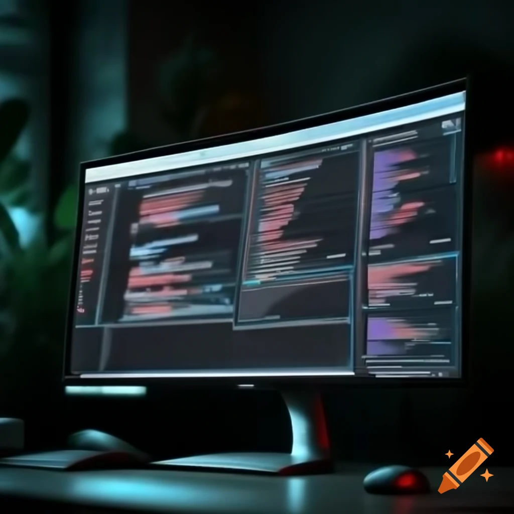 Sleek monitor showing integrated development environment with code nearing completion on Craiyon
