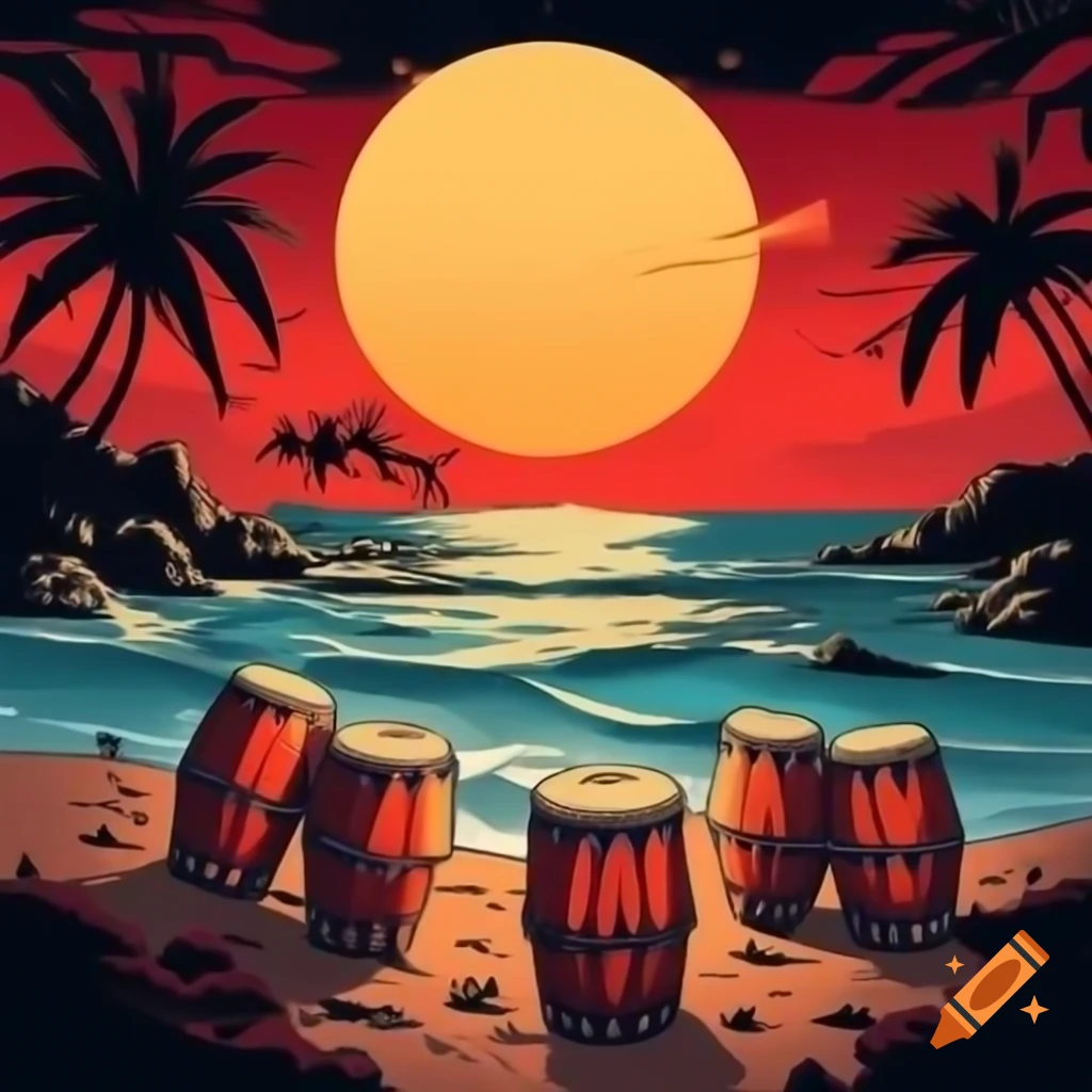 Palm trees on beach at sunset with conga drums creating a festive ...