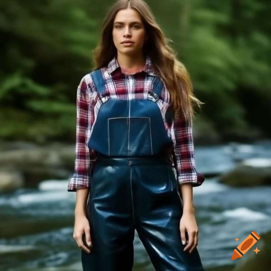 Woman wearing wet denim overalls and plaid shirt standing in a river on ...
