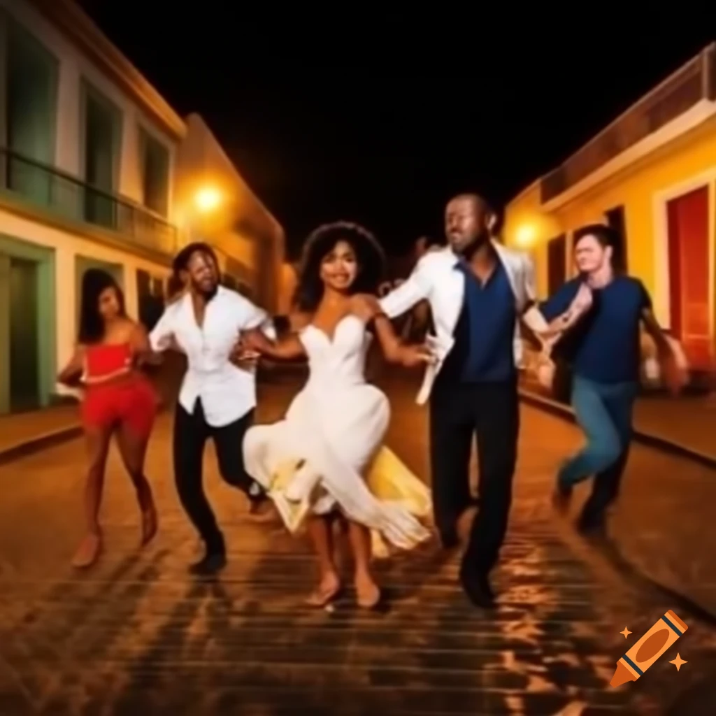 Couples dancing bachata on cobblestone streets under warm Dominican ...