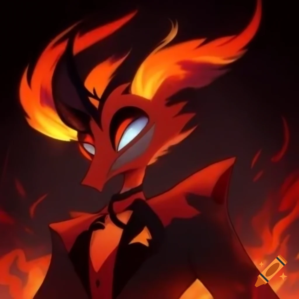 Fiery phoenix demon in black suit with orange trim and light blue eyes ...