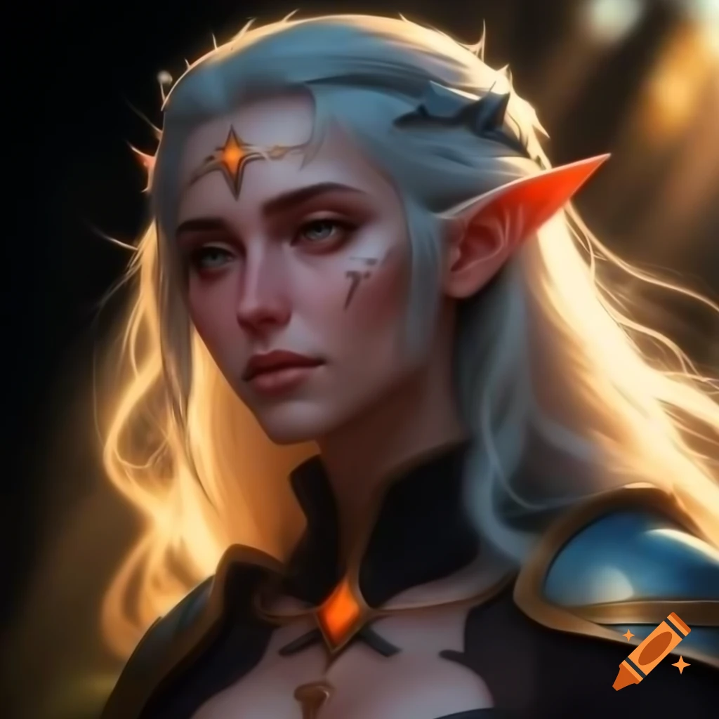 Close-up portrait of elven cleric of Lathander with golden light and ...