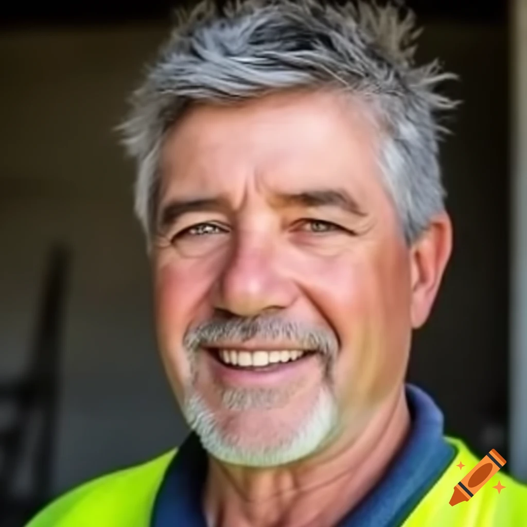 Smiling 47-year-old male construction worker with gray hair on Craiyon