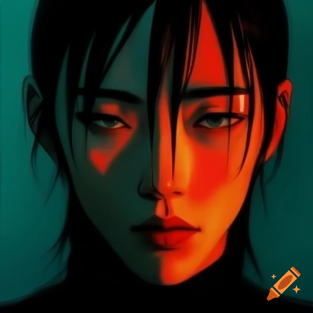 Intense retro anime portrait of a male in deep teal light with sharp ...