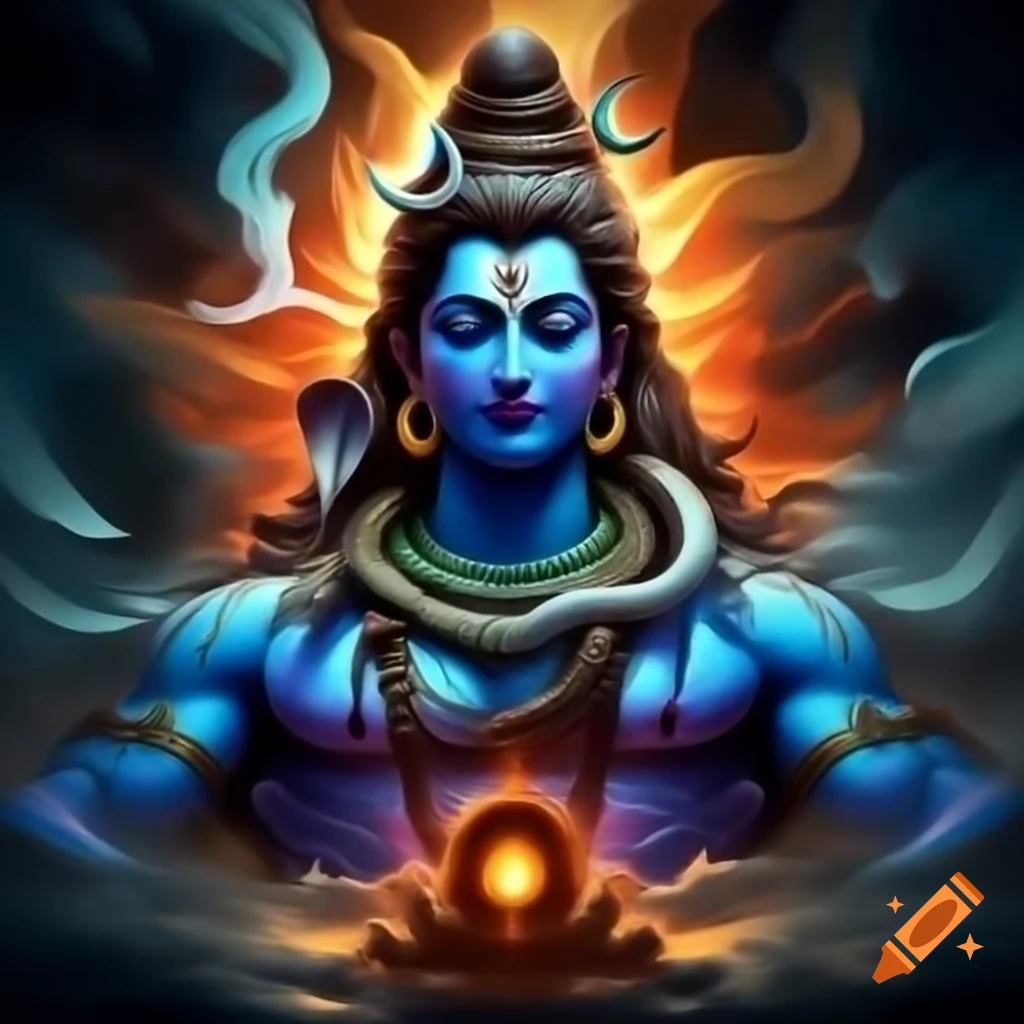 Lord Shiva depicted in vibrant colors, symbolizing wisdom and serenity ...