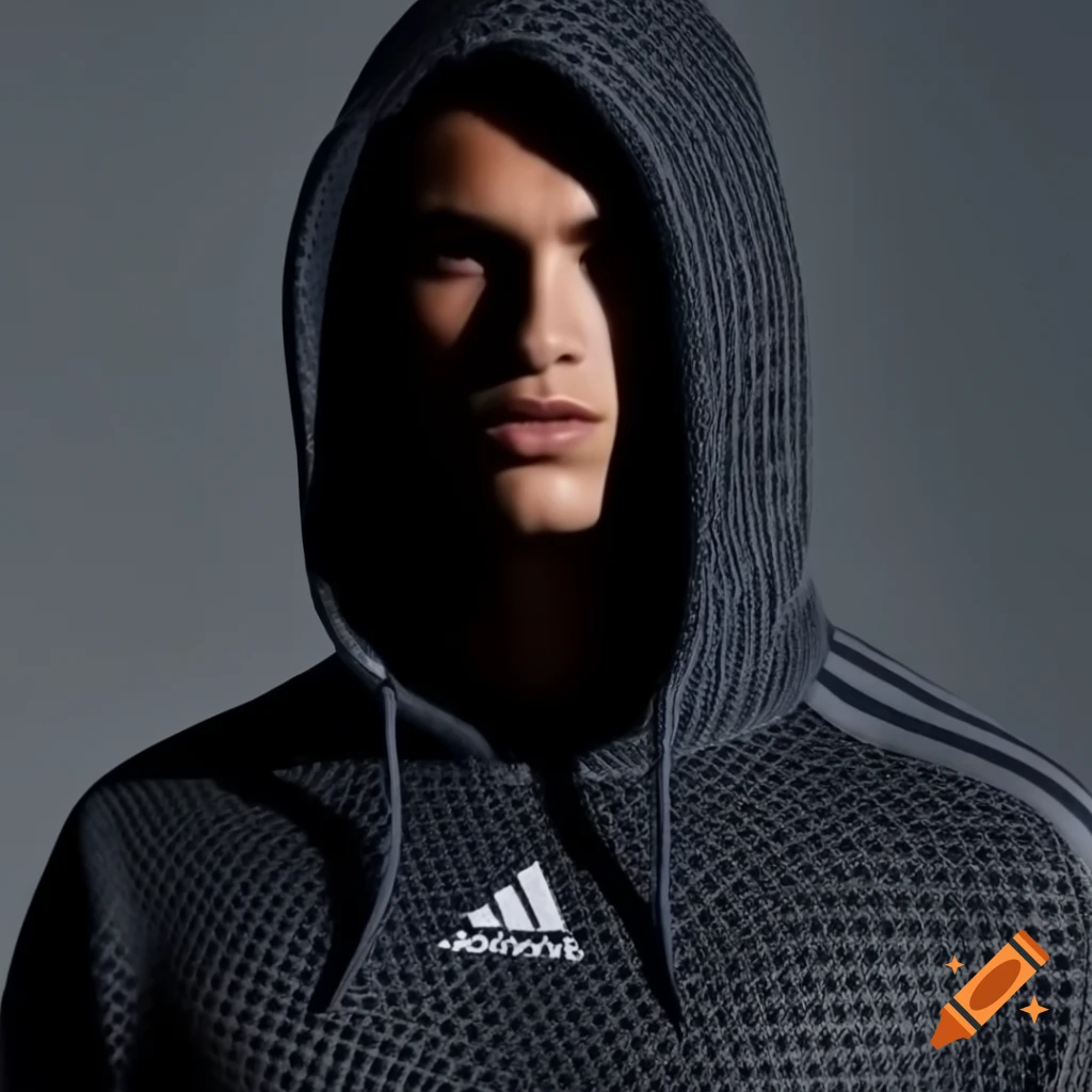 Male model wearing Adidas hoodie with chainmail hood design, inspired ...