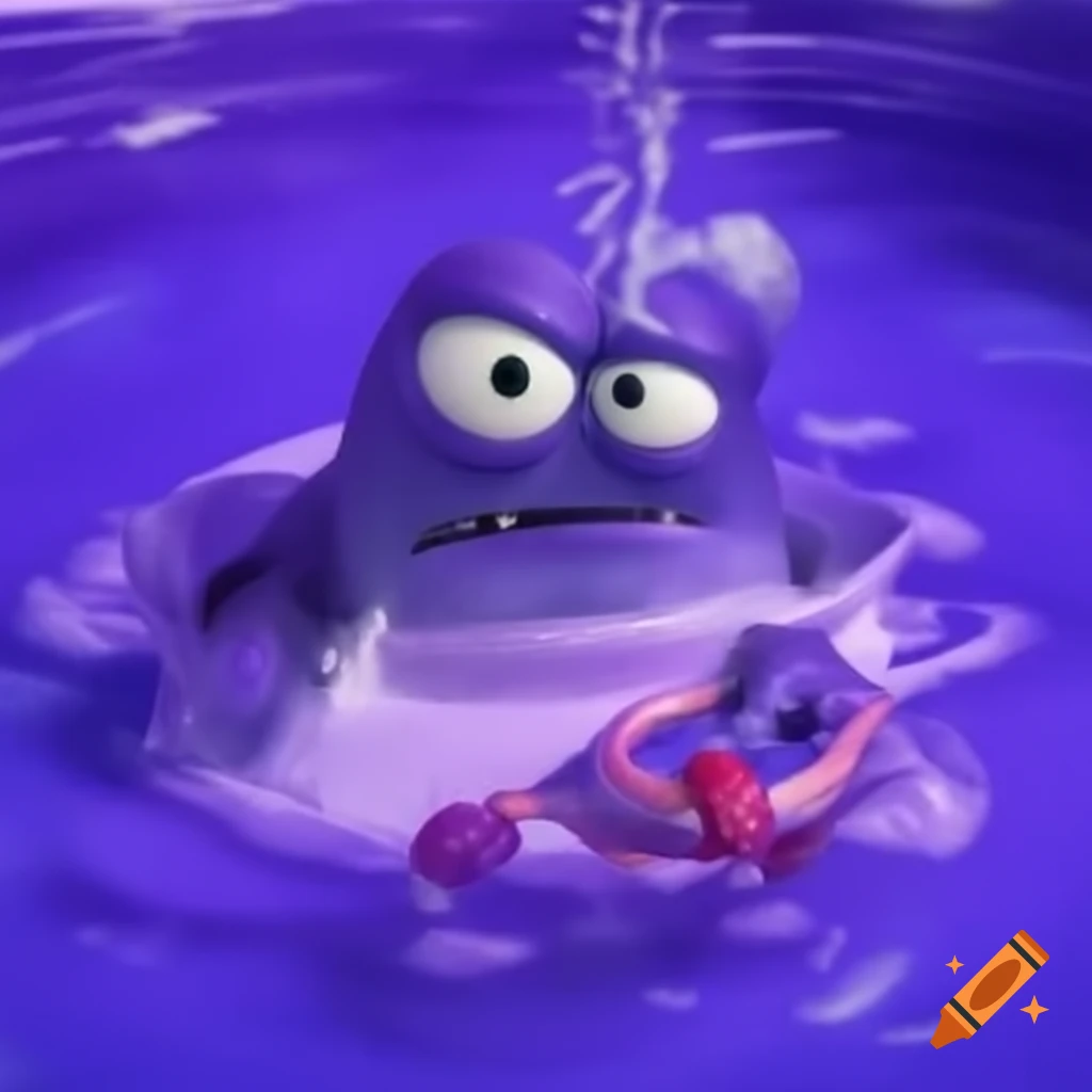 Character enjoying a joyful swim in vibrant purple pool on Craiyon