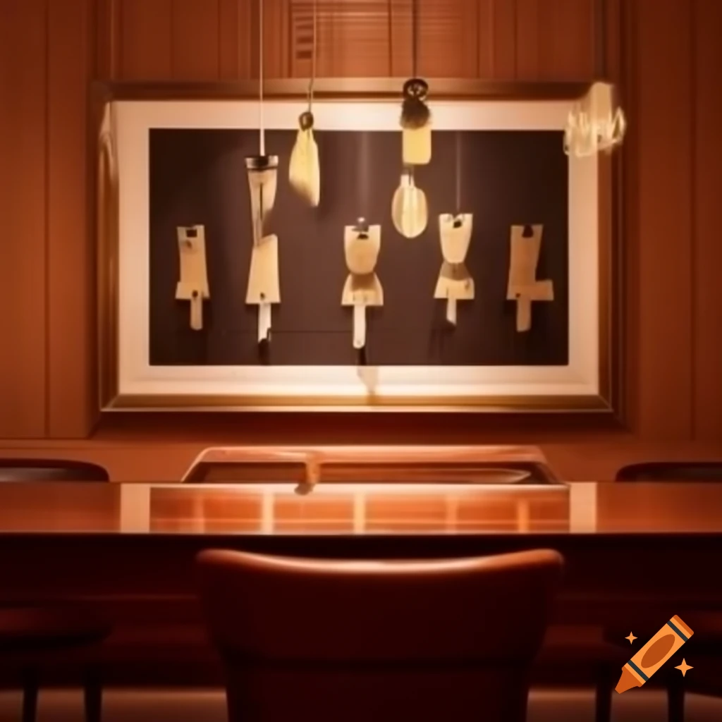 Framed mahogany table with key hooks at hotel reception, manga style on ...