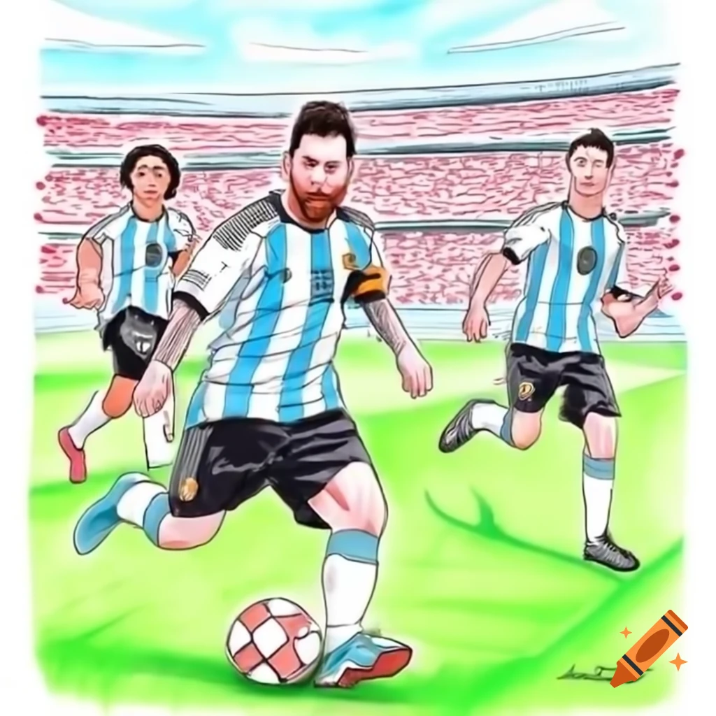 Cartoon doodle of Lionel Messi dribbling soccer ball past defenders on ...