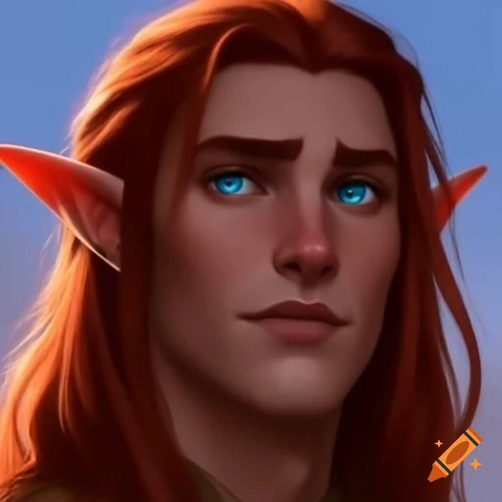 Striking male elf with reddish-brown hair and blue eyes, embodying ...