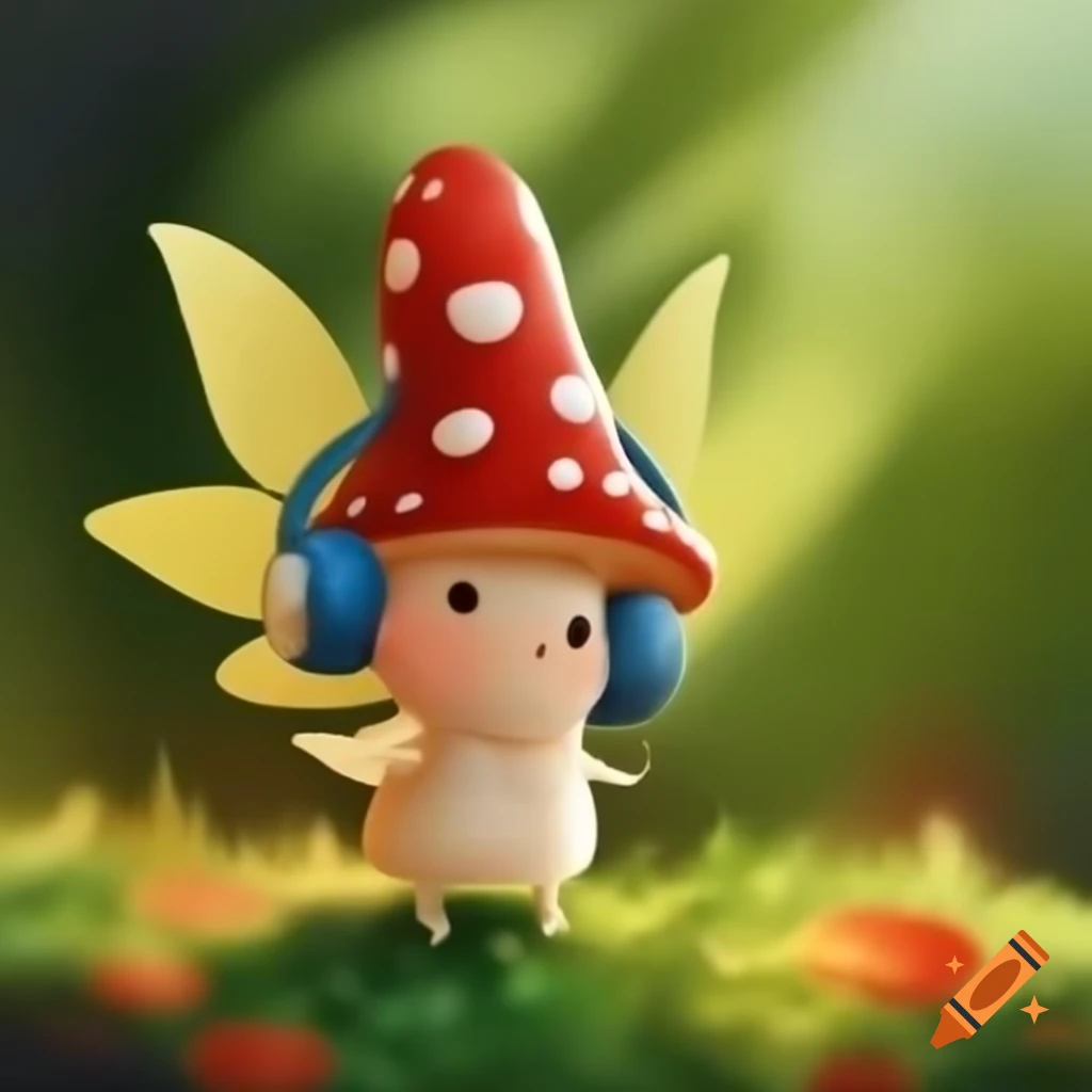 Mushroom fairy dancing in hidden garden with headphones on Craiyon