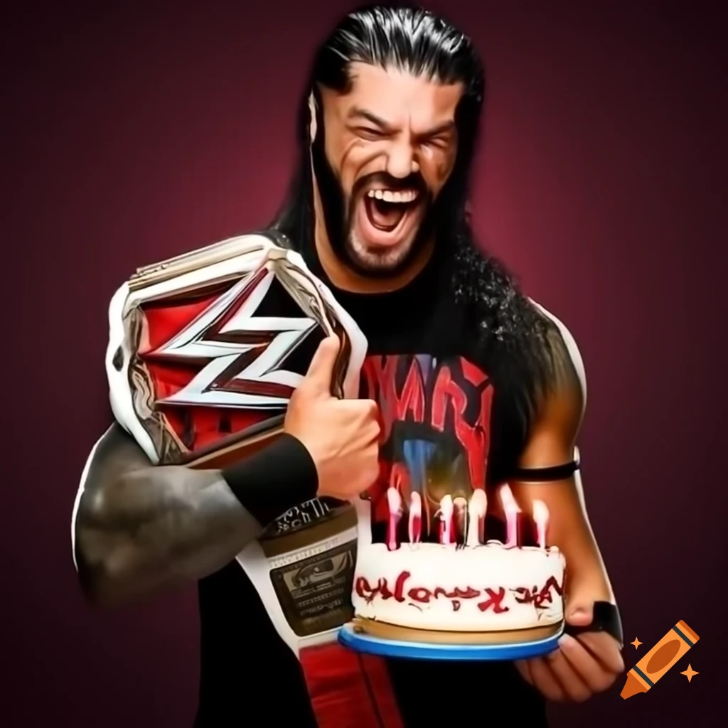 WWE Champion Roman Reigns celebrating with a birthday cake on Craiyon