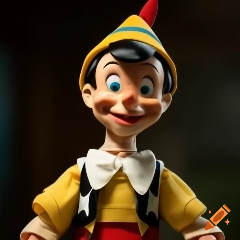 Pinocchio puppet with long nose, whimsical character design on Craiyon
