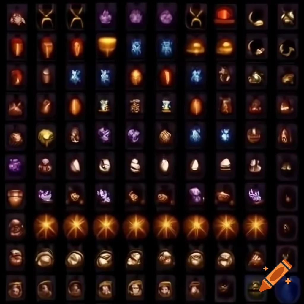 Sprite sheet of 50 32x32 sprites depicting RPG spells on Craiyon