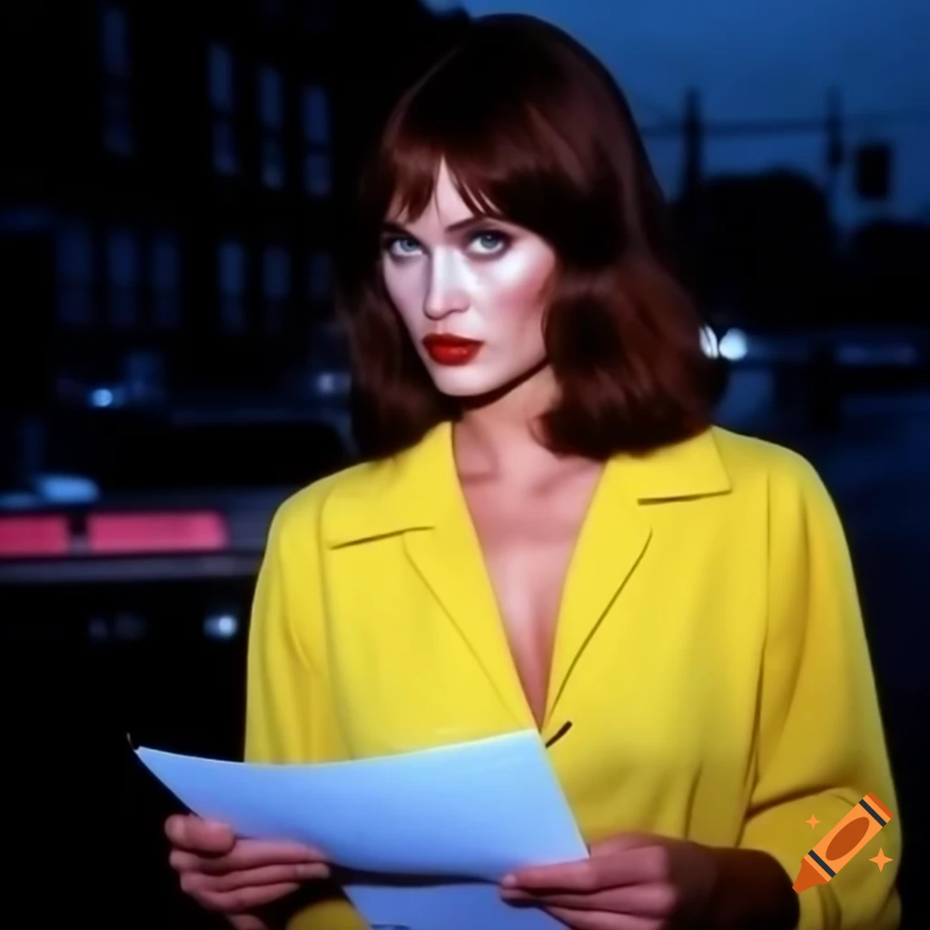 TV reporter in 1980s style reporting from neon city in rain on Craiyon