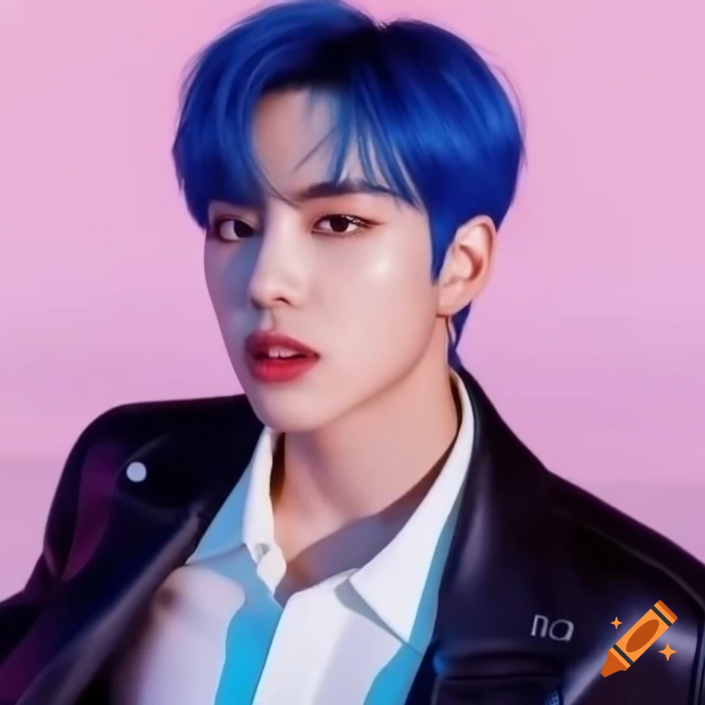 Young K-pop idol with dark blue hair and black jacket posing against ...