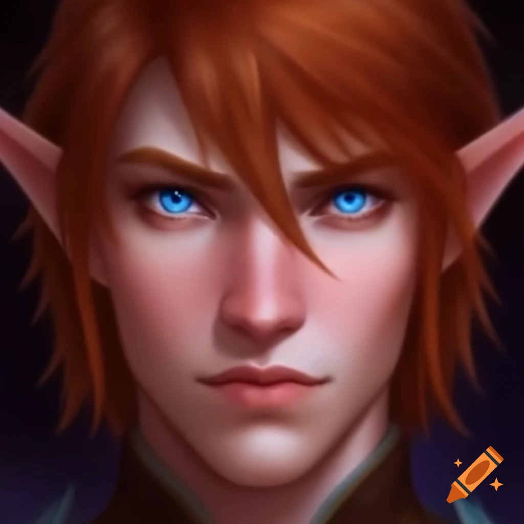 Youthful male elf with colorful blue eyes and long auburn hair ...