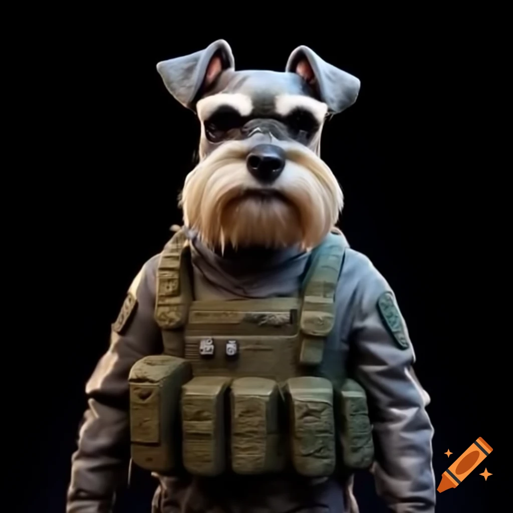 Schnauzer in miniature combat gear standing at attention on Craiyon