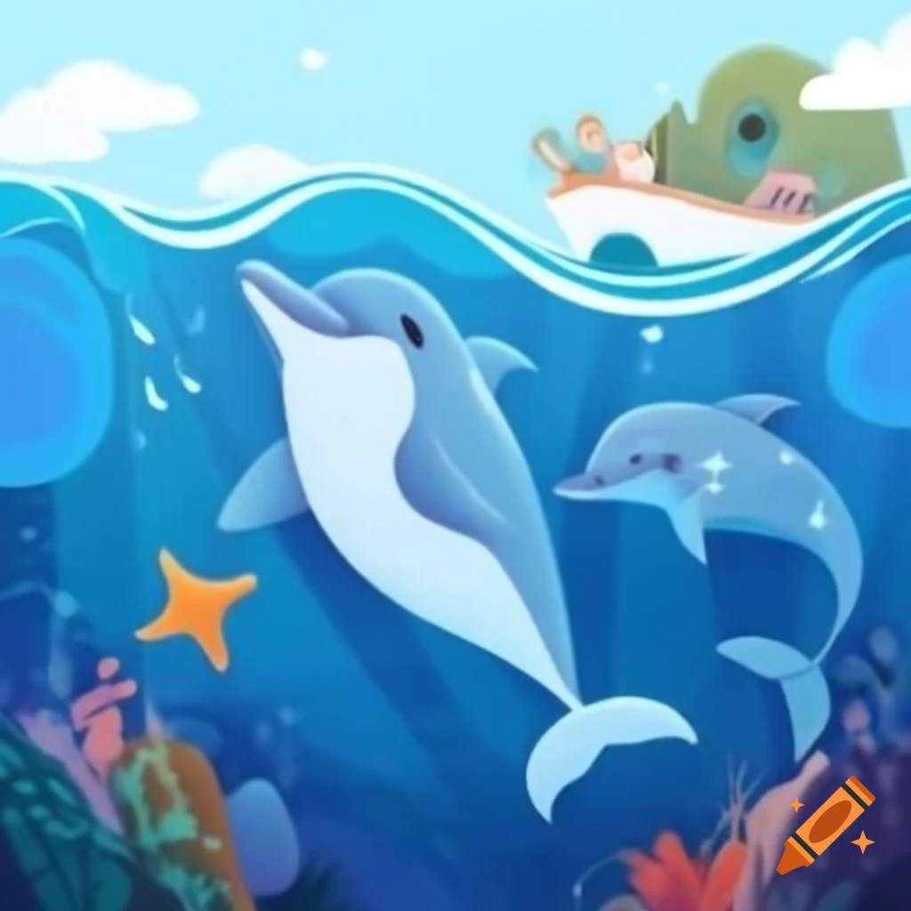 Starfish and dolphin happily cleaning the ocean together on Craiyon