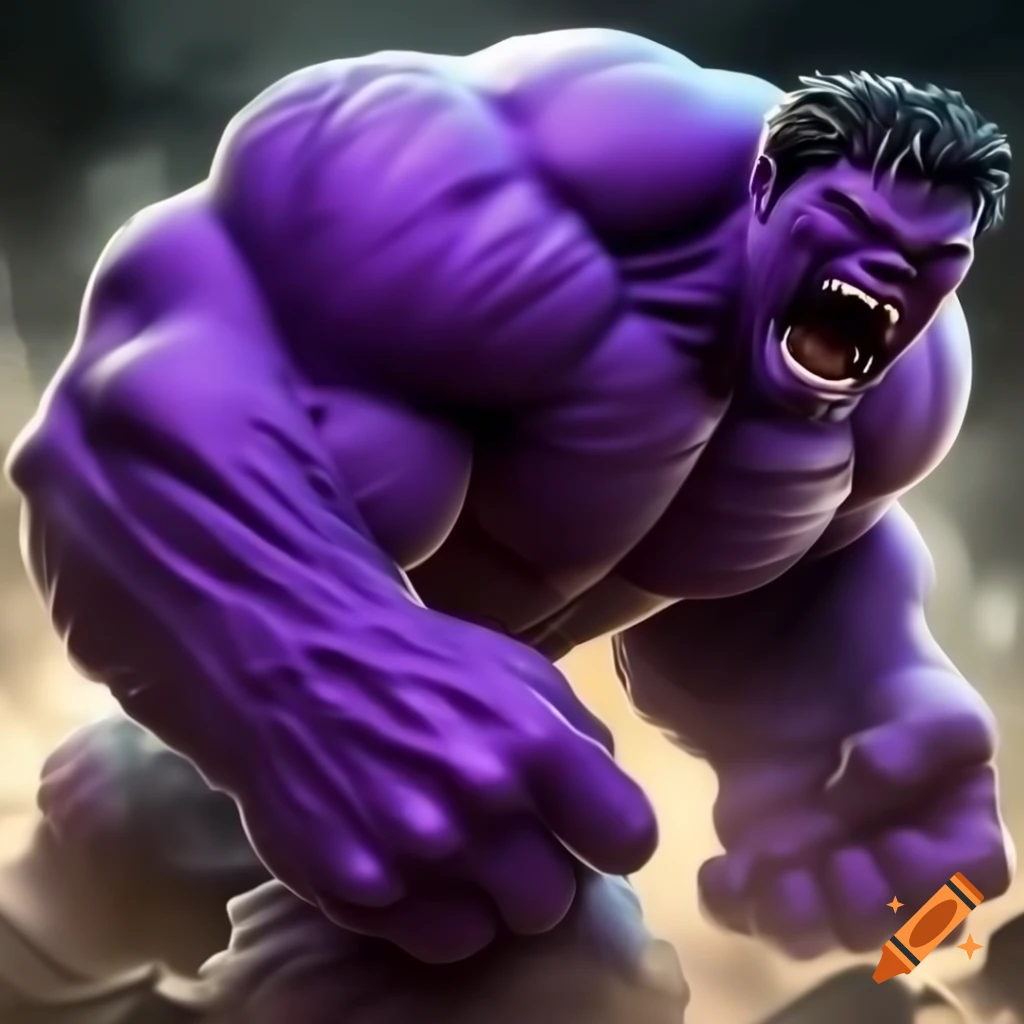 Vibrant purple character resembling Hulk cleaning wheels on Craiyon