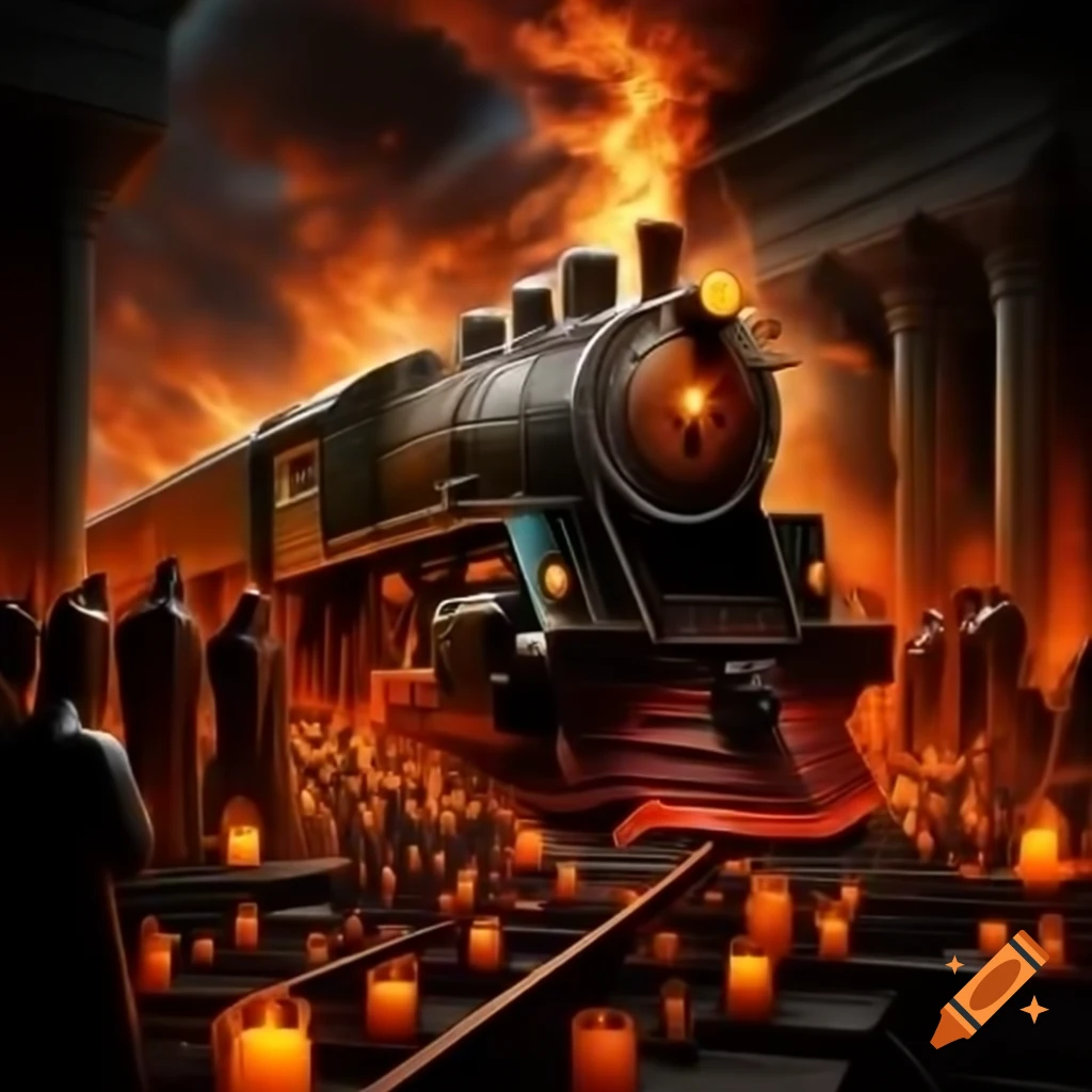 Dramatic scene of train accident with flames and ethereal figures among ...