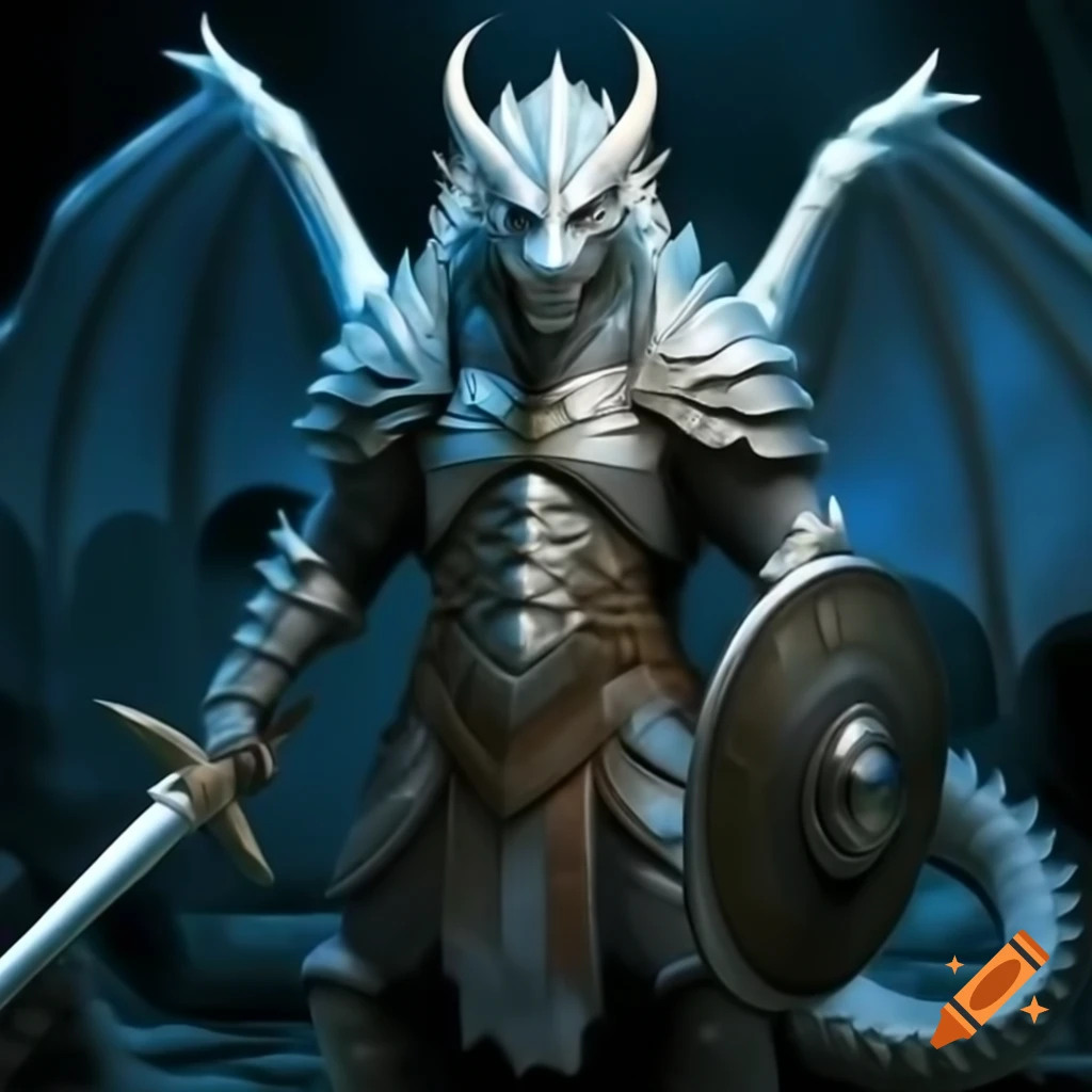Heroic warrior with icy sword and shield, born of a silver dragon on ...