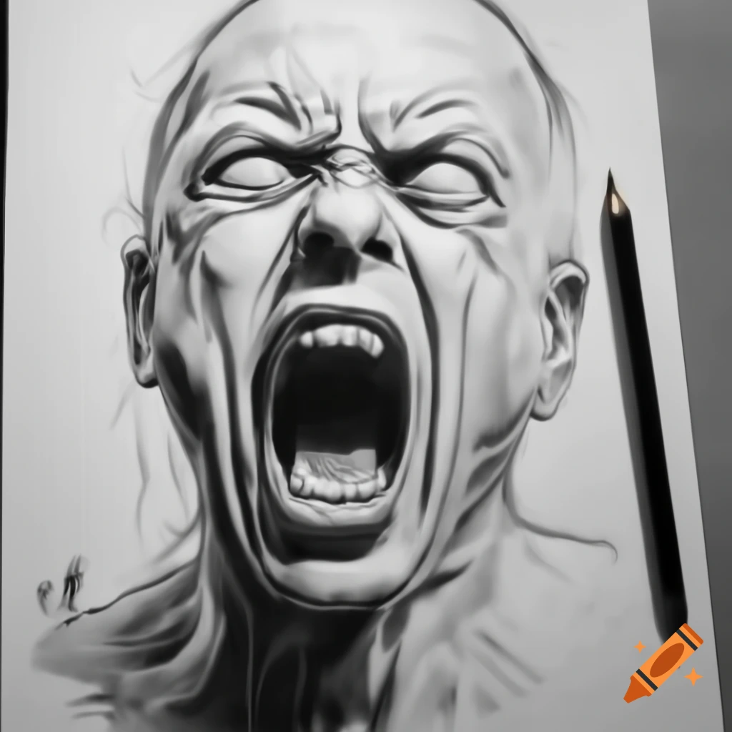 Expressionist artwork of a screaming face expressing pain in black and ...